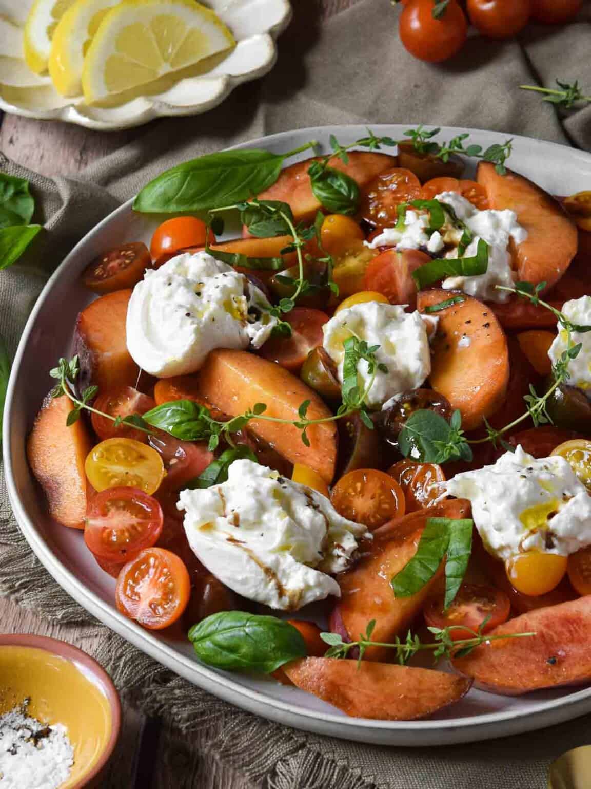 Burrata Caprese Salad with Peaches - Brunch & Batter