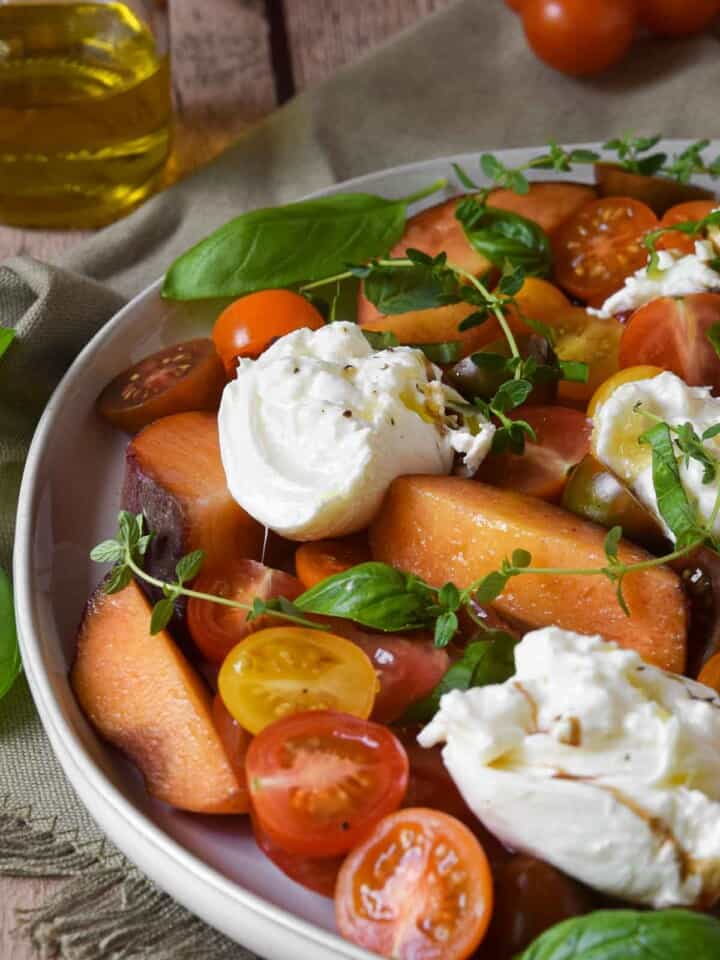 Burrata Caprese Salad with Peaches - Brunch & Batter