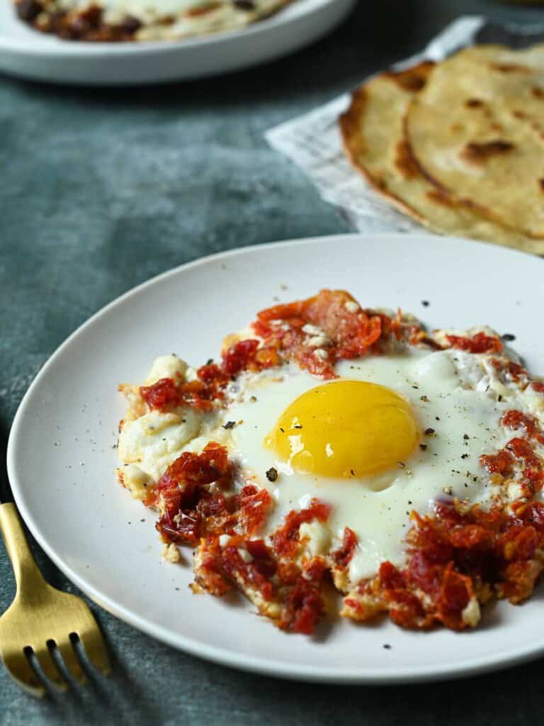 Sun Dried Tomato and Feta Fried Eggs - Brunch & Batter